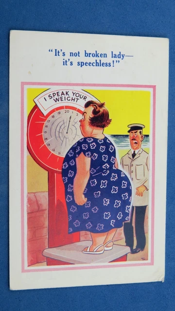 COMIC POSTCARD 1950S BBW Fat Lady Penny Weighing Machine Weigh Scales ...
