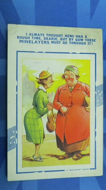 WW2 SAUCY BAMFORTH Comic Postcard 1942 Royal Navy Minelayer Hens Theme ...