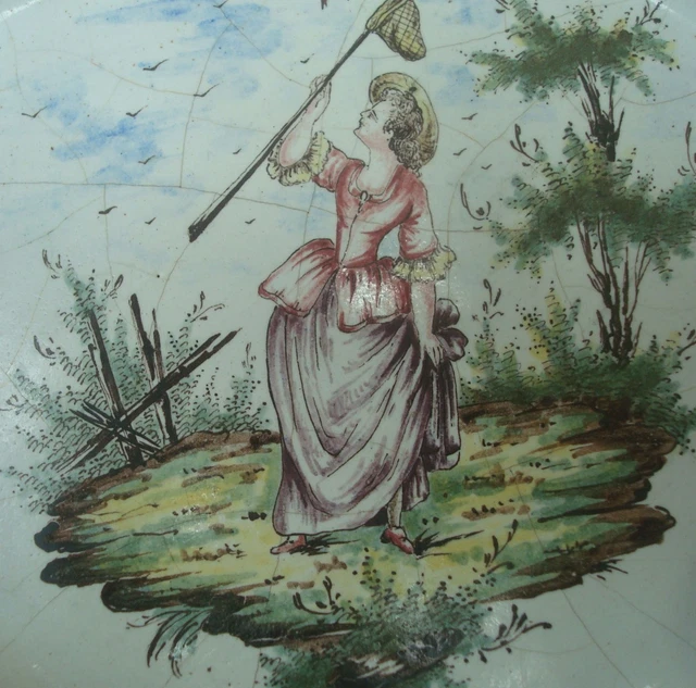 V74 PAIRE PLAT Faience Marseille Veuve Perrin ancien Femme Homme chasse ...