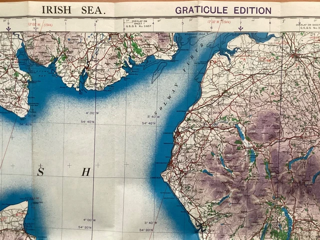 ORIGINAL WW2 BRITISH War Office R.a.f. Air Map: Irish Sea, Graticule ...
