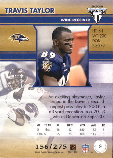 CARTE DE FOOTBALL 2002 Titanium rouge Baltimore Ravens #9 Travis Taylor ...