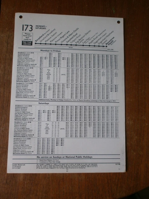 LONDON TRANSPORT BUS Stop Timetable Panel-Route 173, July 1986 £1.50 ...