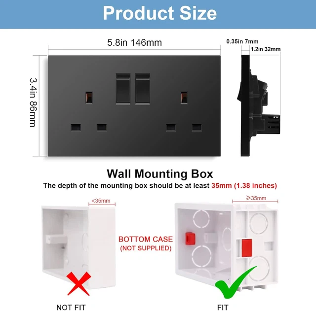 5 PACK Double Switched Power Socket, Electric Power Socket 2 Gang 13 ...