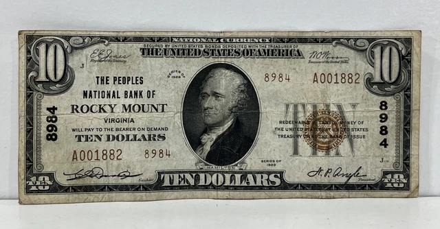 1929 $10 DOLLAR Bill Brown Seal Currency Note Rocky Mount, VA Low ...