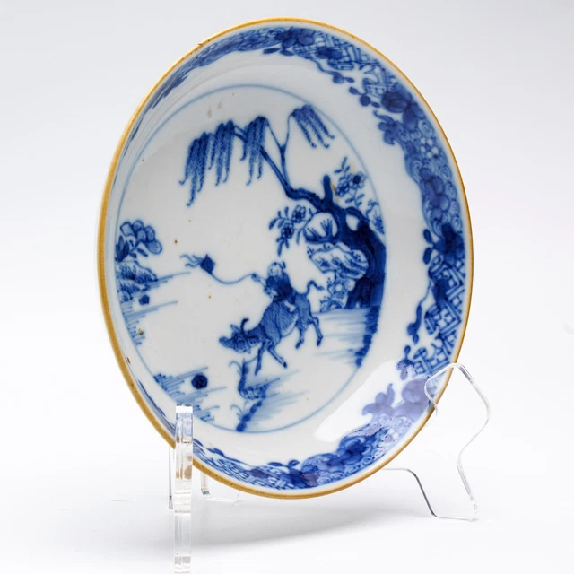 CHINESE PORCELAIN SAUCER Blue White Boy Play Kite Water Buffalo Kangxi ...