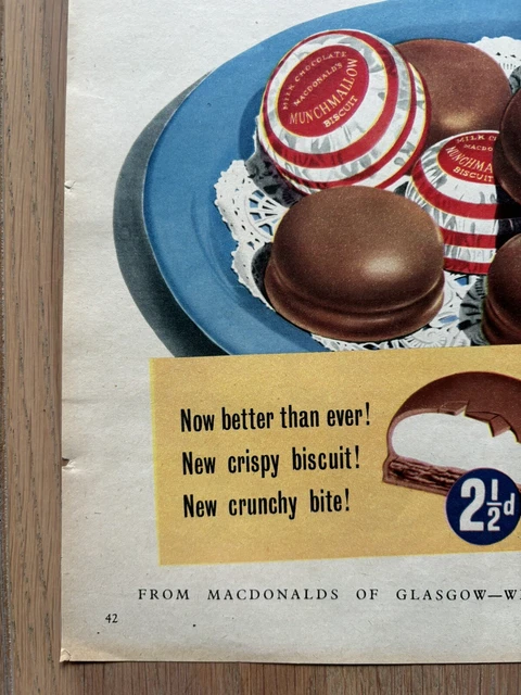 VINTAGE 1950'S MACDONALDS OF GLASGOW Munchmallows Advert BISCUITS MILK ...
