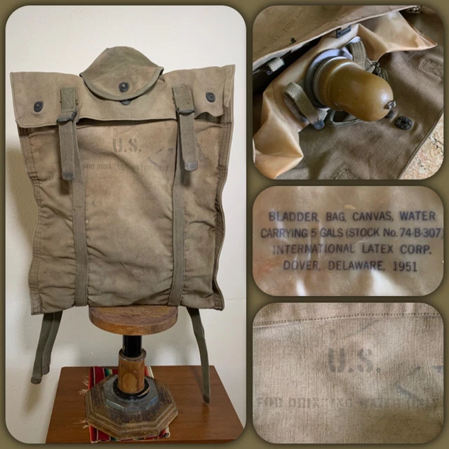 VTG 1951 US Army 5 Gallon Carrying Water Bladder Canvas Bag Musette ...