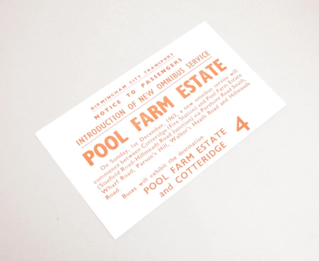 BUS COACH POSTER Birmingham City Transport New Service Pool Farm 1st ...