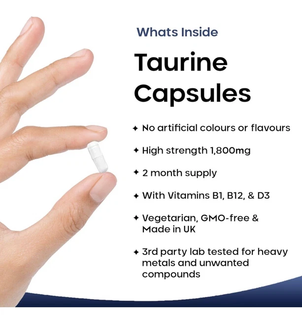 TAURINE SUPPLEMENT 1800MG - Energy & Nerve Support with B1, B12 & D3-120 Vegeter £15.27 ...