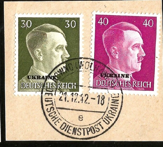 WWII 1942 UKRAINE Nazi Germany Occupied Hitler Head Stamps on Piece ...