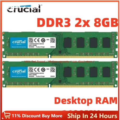 CRUCIAL DDR3 1600MHZ 16GB (2x 8GB) PC3-12800 Desktop 240pin DIMM Memory ...