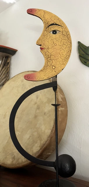 VTG CELESTIAL METAL Moon Kinetic Balancing Pendulum Folk Art *Eyes Move ...