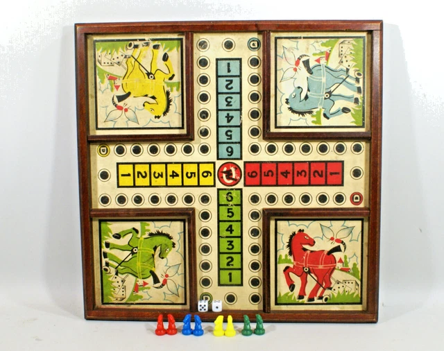 ANCIEN PLATEAU DE JEU de dadas, PETITS CHEVAUX, avec pions et dés EUR ...