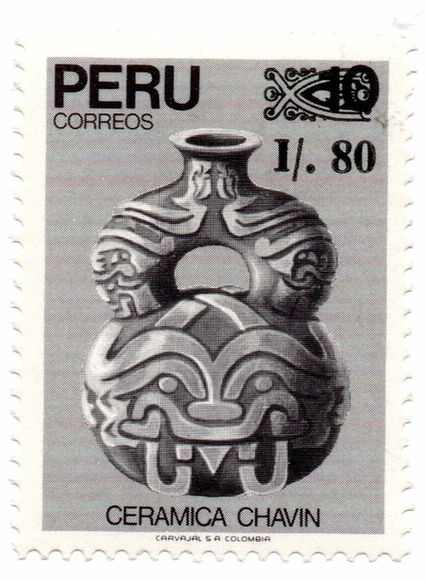 CERÁMICA CHAVÍN, ESTAMPILLAS no emitidas con recargo I/.80, Perú 1988 ...