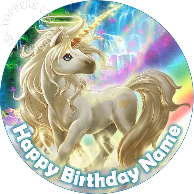 Edible Rainbow Unicorn Birthday Party Cake Topper Wafer Paper Round 7 5