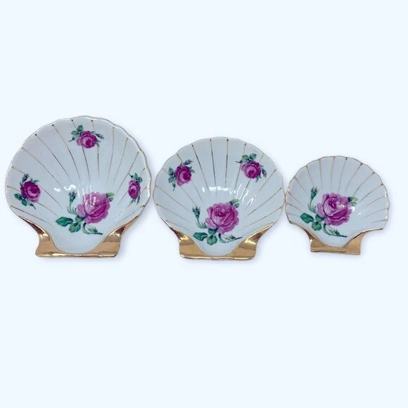VINTAGE NASCO GOLD Trimmed Clam Shell Rose Floral Dish Japan Porcelain ...