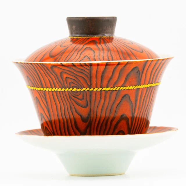 CHINESE GAIWAN FAUX Bois Bowl Cover Saucer Porcelain Yong He Mark ...