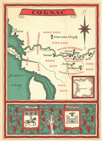 COGNAC WINE MAP. Carte vinicole. Charente & Charente-Maritime 1957 old ...
