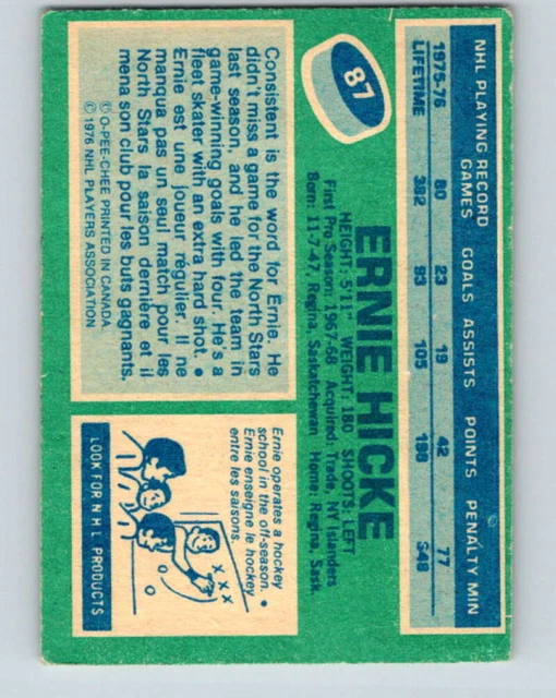 (HCW) 1976-77 O-PEE-CHEE #87 Ernie Hicke Minnesota North Stars V12516 ...