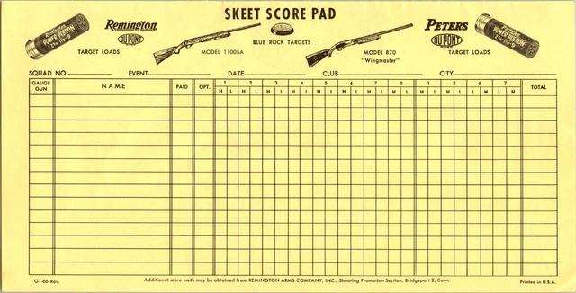 VINTAGE SKEET SCORE Pad Remington Peters Dupont Hunting Sport Score ...