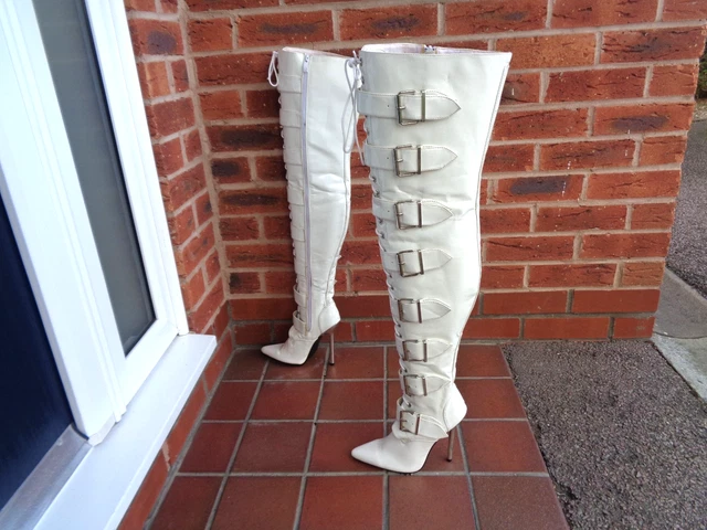 SXXY WHITE SHINY PVC STRAPPY THIGH HIGH POINTY BOOTS * 5 uk FXTISH ...