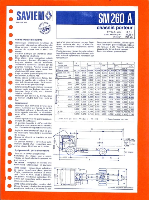 SAVIEM / FICHE TECHNIQUE / CHASSIS PORTEUR SM 260 A de 1972 EUR 4,90 ... SAVIEM / FICHE TECHNIQUE / CHASSIS PORTEUR SM 260 A de 1972 EUR 4,90 ...