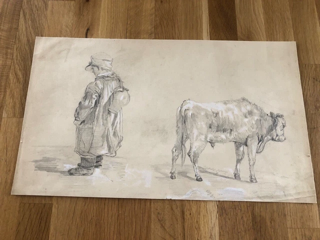 VICTORIAN PENCIL DRAWING of a boy collecting milk with a cow £65.00 ...