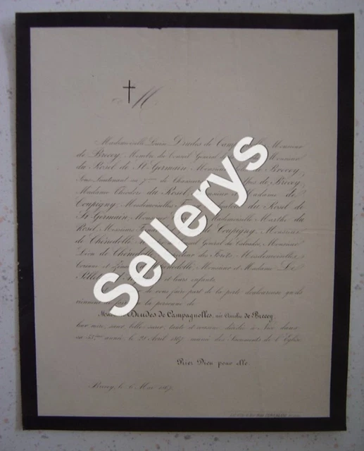 FAIRE-PART DE DÉCÈS Madame Drudes de Campagnolles en 1867 née Amélie de BRECEY EUR 24,90 ...