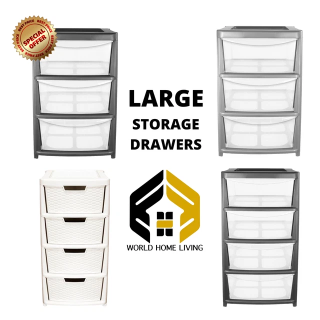 LARGE 3 & 4 Plastic + Rattan Drawers Tower Unit Chest Drawer School ...