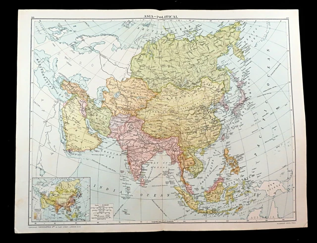 MAP OF ASIA China Japan India Mongolia Political Post WW1 Antique Large ...