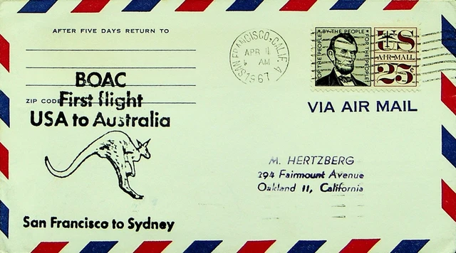 USA 1967 BOAC AIRMAIL FIRST FLIGHT SAN FRANCISCO TO SYDNEY AUSTRALIE ...