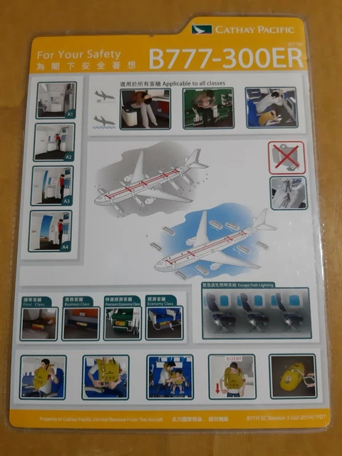 CATHAY PACIFIC AIRWAYS safety card Boeing B777-300ER (yellow B77H) 2014 ...