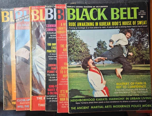 6 BLACK BELT Self Defence Magazines, 1974, Jan, Feb, Mar, Apr, May ...