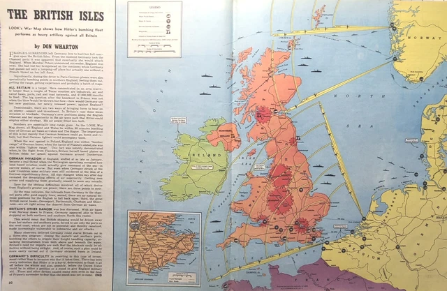 1940 THE BRITISH Isles War Map Bombing Ranges Times Vintage Magazine ...