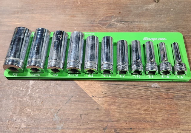 VINTAGE SNAP-ON 12 Point 3/8 Drive Deep Socket Set 11 Piece Green ...
