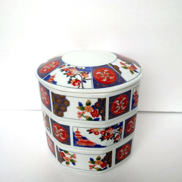 JAPANESE JUBAKO BOX 3-Tiered Pottery Box, Octagonal, Cherry Blossom ...