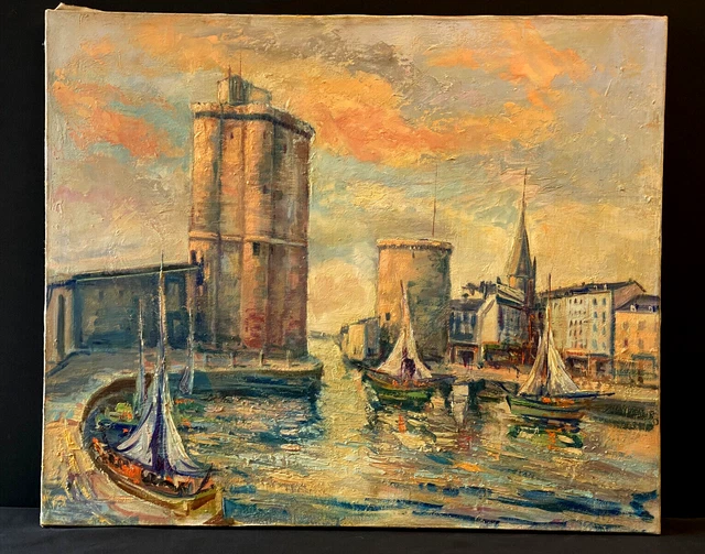 ANCIEN TABLEAU HST Marine Port de La Rochelle Bateaux Voiliers Bretagne 1950's EUR 169,00 ...