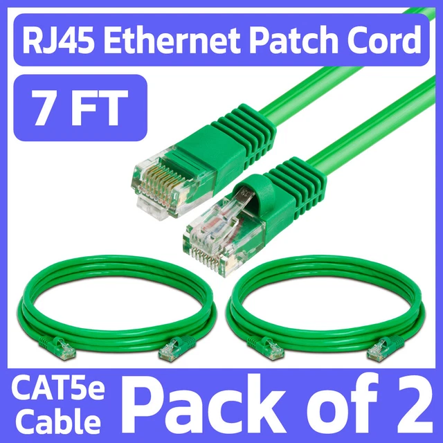 PACK DE 2 câbles Cat5e vert 7 pieds LAN Ethernet cordon de raccordement ...