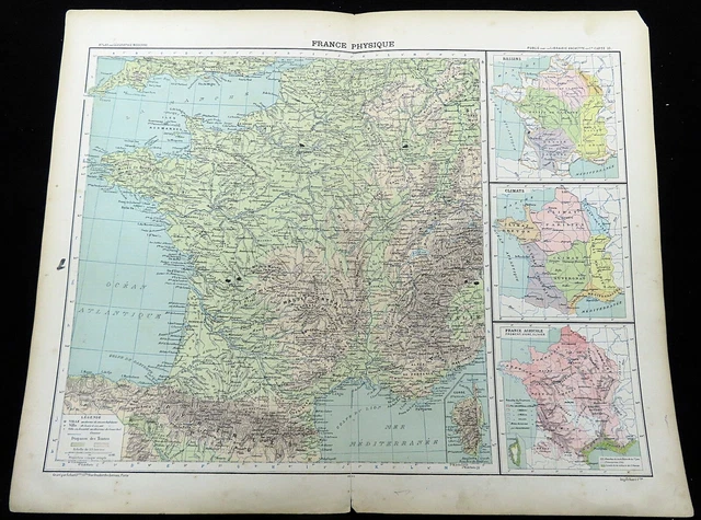 ANTIQUE MAP OF France Physical Geography Climate Agriculture Rivers ...
