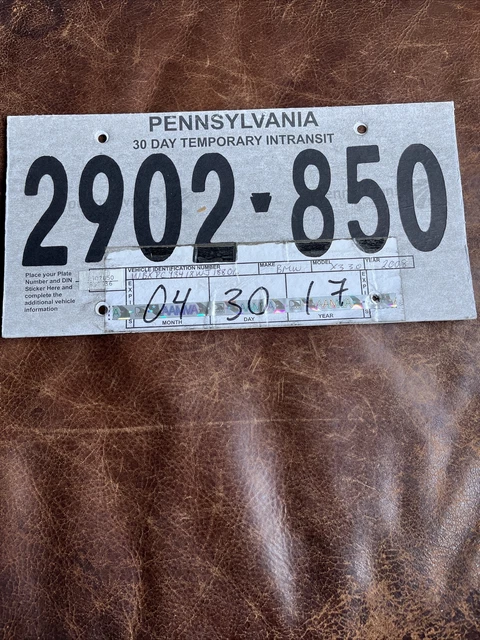 2017 PENNSYLVANIA TEMP Tag license plate Vintage TEMPORARY BMW X 330 ...