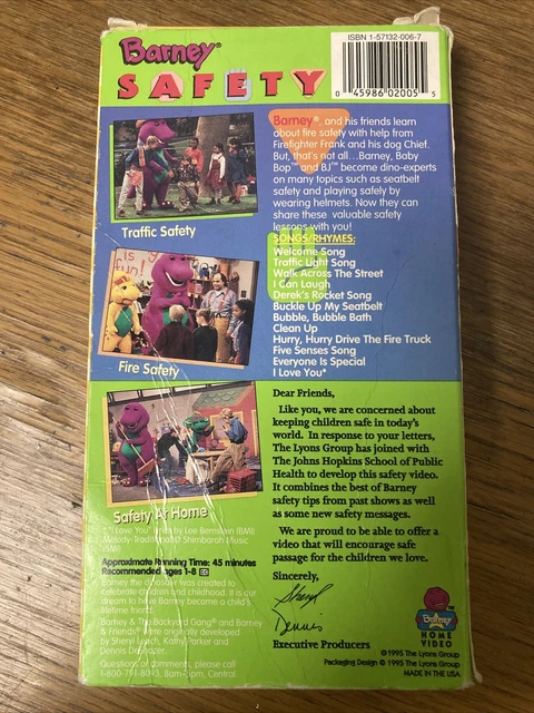 BARNEY - BARNEY Safety (VHS, 1995) Spettacolo bambini dinosauro viola ...