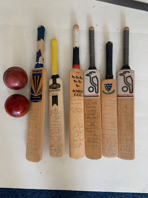 6 MAZZE DA cricket firmate squadra Sussex 1992-1993 e due palline ...