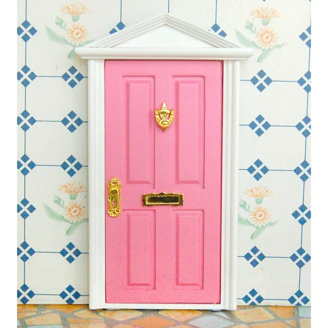 PINK PAINTED WOODEN Fairy Front Door w/ Knocker Plated Dolls House ...
