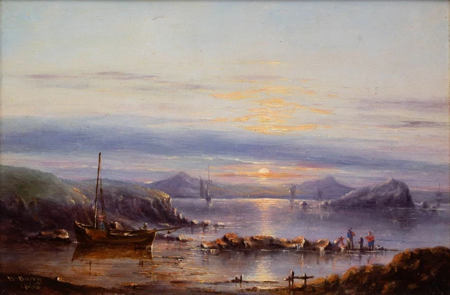 MID-19THC COASTAL SUNSET Oil Painting, Signed W. Barry 1865 | Antique ...