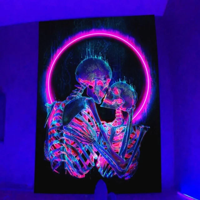 FLUORESCENT TAPESTRY WALL Hanging UV Black Light Art Skull Print Home ...