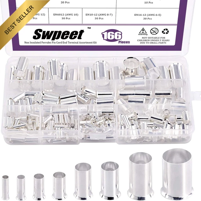 166PCS 8 SIZES Wire Copper Crimp Fitting Ferrules Assortment Kit, 12 10 ...