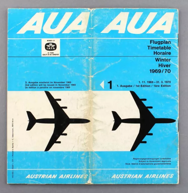 AUSTRIAN AIRLINES AIRLINE Timetable Winter 1969/70 Flugplan Aua Austria ...