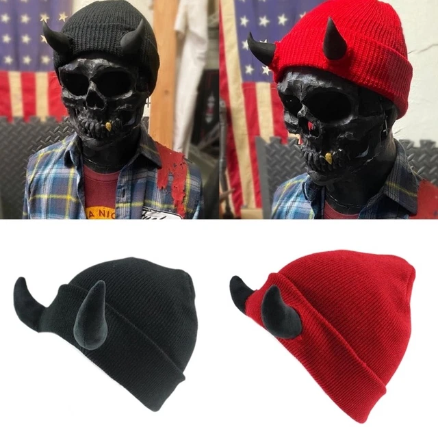 EVIL HORNS BEANIE Cap Halloween Knitting Skull Hat Adult Unisex Winter ...