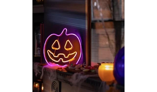 NEON PUMPKIN HALLOWEEN Light Battery Operated Wall Sign Party ...