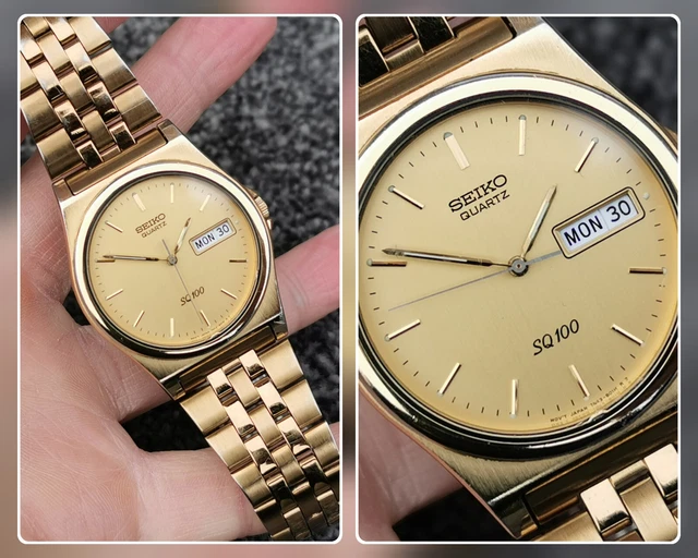 1980S RARE VINTAGE SEIKO SQ 100 Quartz Watch Gold Round Dial Steel ...